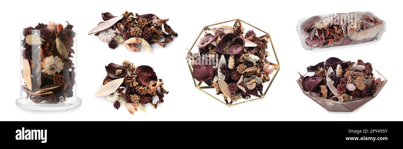 Set with scented potpourri on white background. Banner design Stock ...