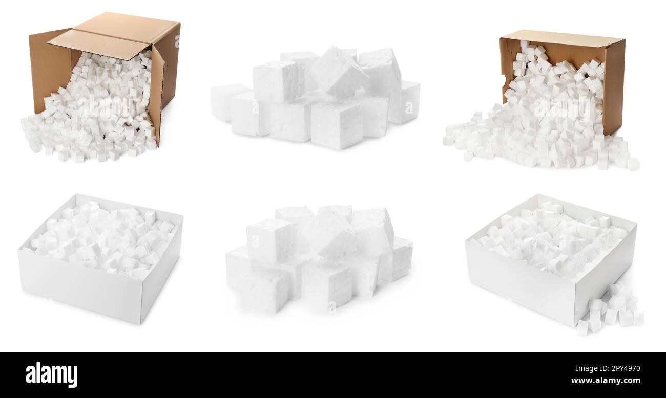 Set with cardboard boxes with styrofoam cubes on white background ...