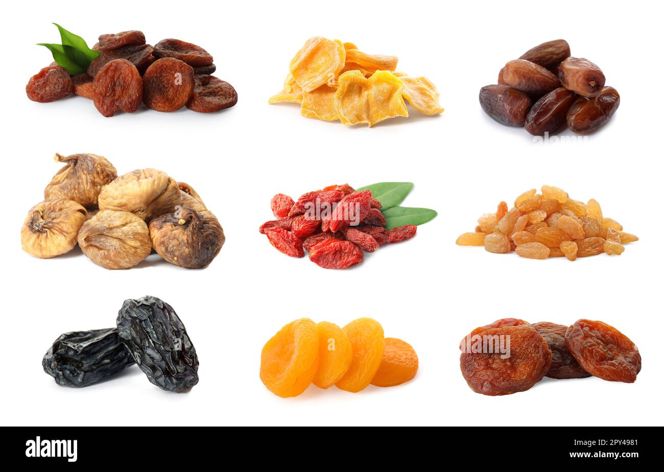 Set with different tasty dried fruits on white background Stock Photo ...