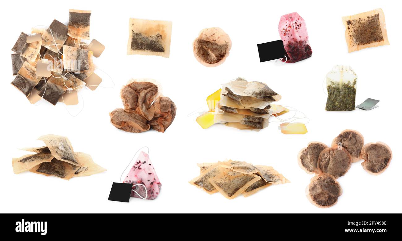 Set with used tea bags on white background Stock Photo - Alamy