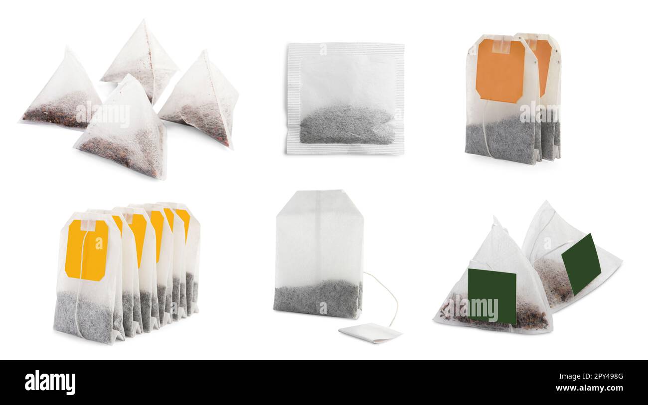 Set with different tea bags on white background Stock Photo - Alamy