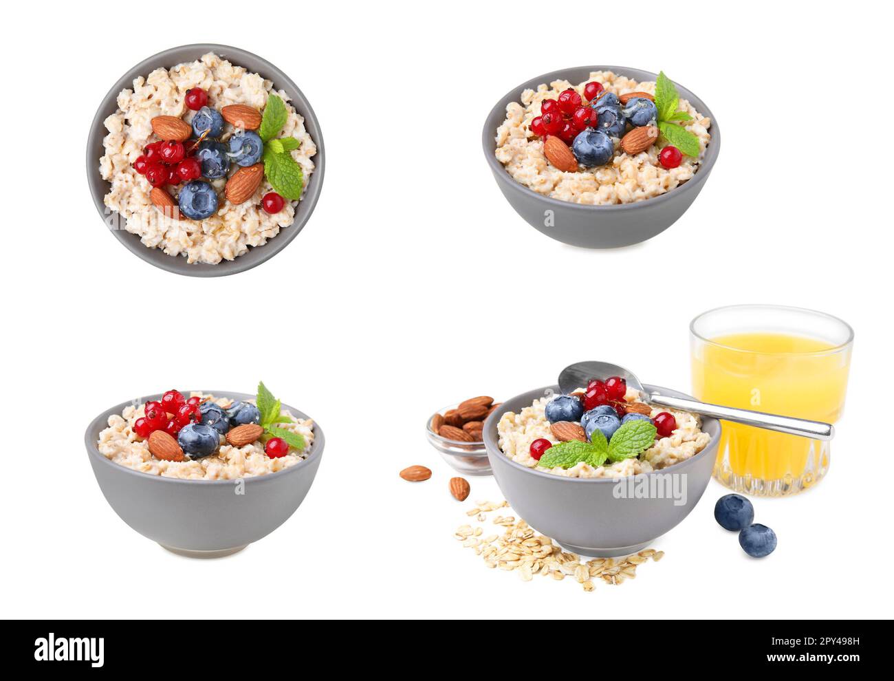 Set with tasty oatmeal porridge served with berries, fruits and nuts on ...