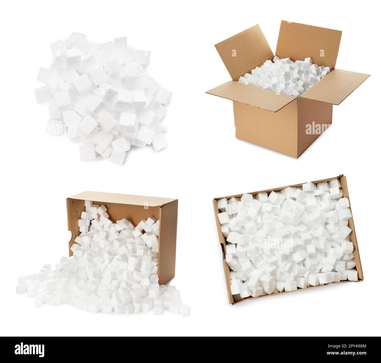 Set with cardboard boxes with styrofoam cubes on white background Stock ...