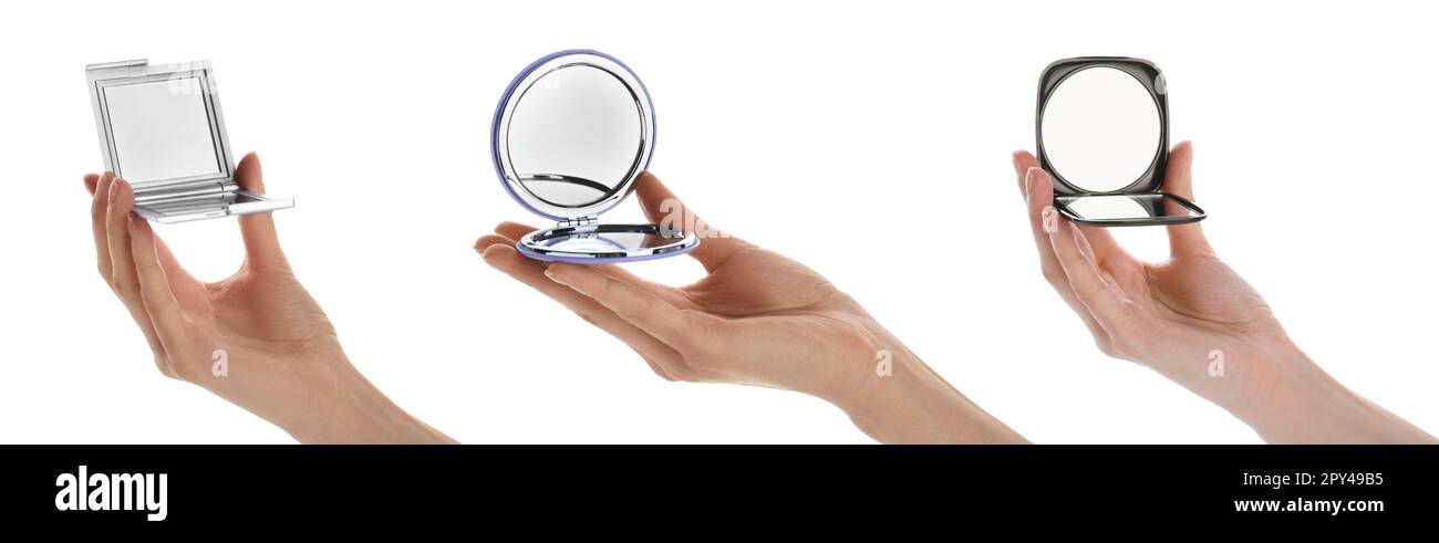 Collage with photos of women holding stylish cosmetic pocket mirrors on ...