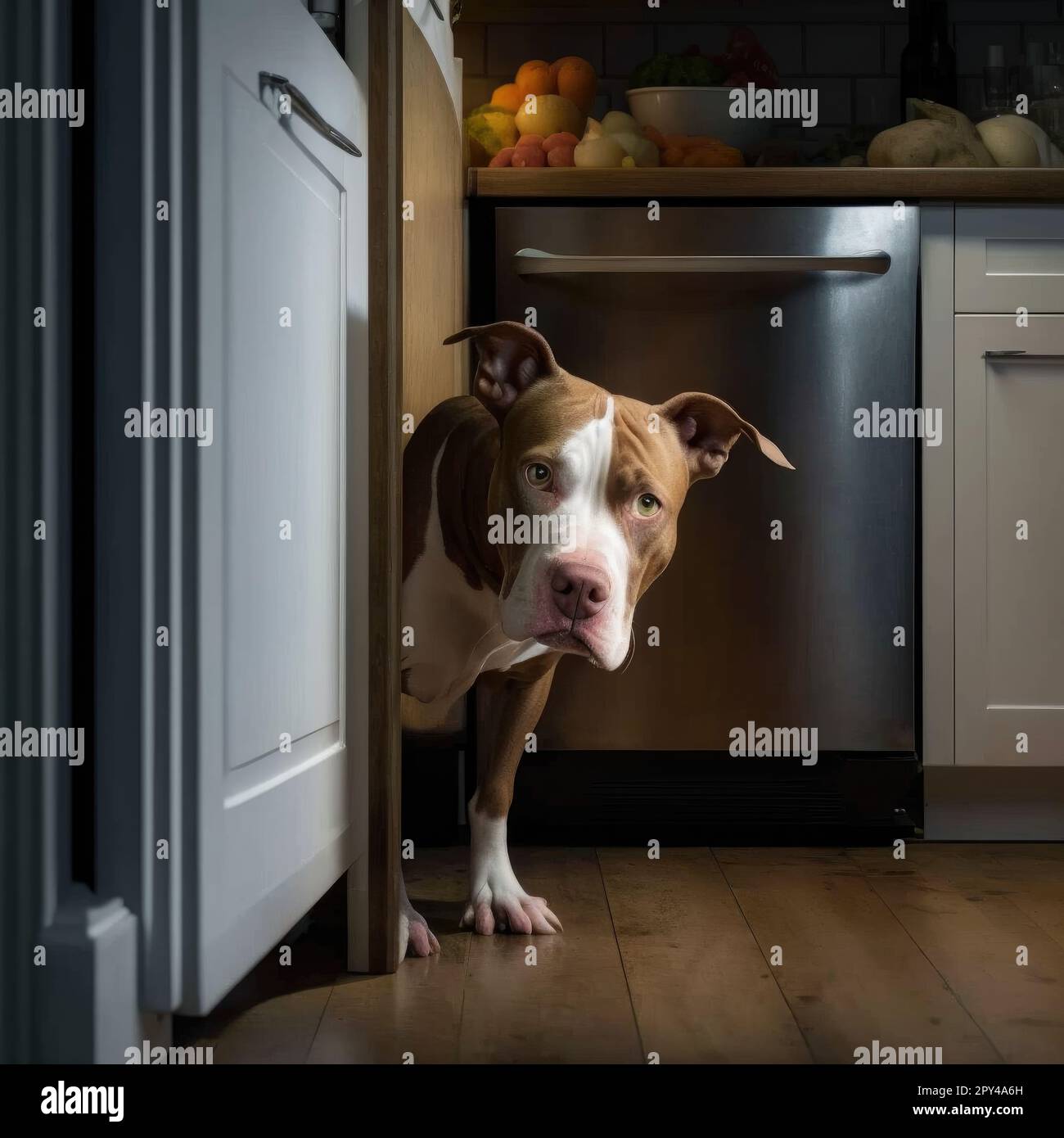 Dog in kitchen looks out with a questioning expression Stock Photo - Alamy