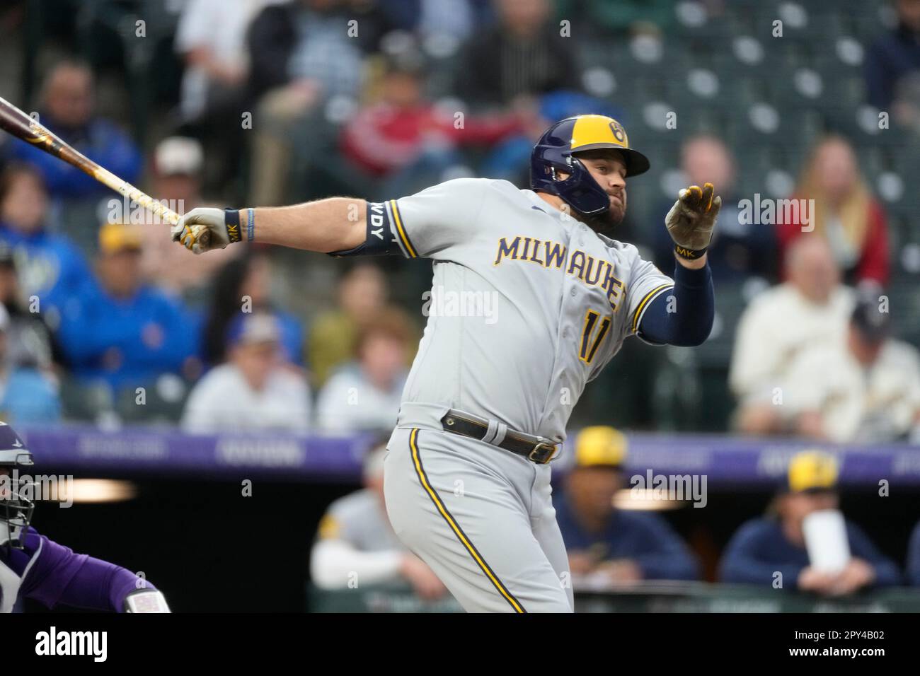 Milwaukee Brewers' Rowdy Tellez follows the flight ofhis double off ...