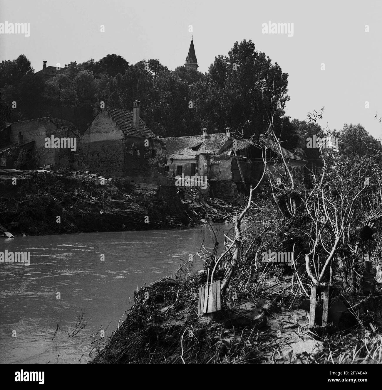 Sighisoara, Romania, approx. 1977. Tarnava Mare river after heavy rains ...