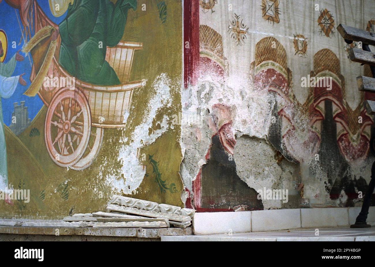 Timis County, Romania, approx. 2002. Fresco on the exterior of Izvorul ...