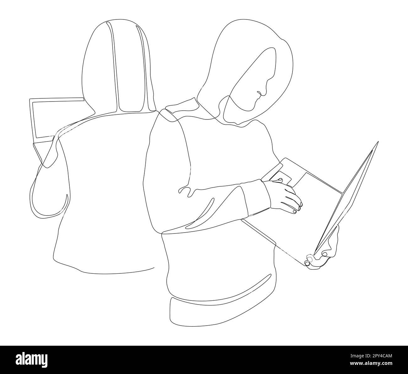 One continuous line of group of male people with laptop, workin as a ...