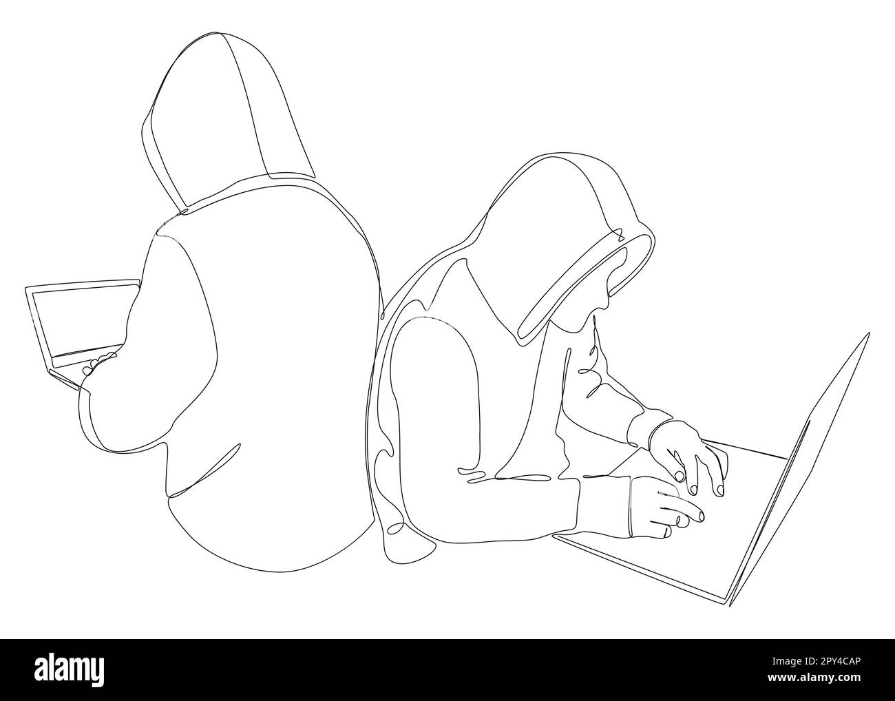 One continuous line of group of male people with laptop, workin as a ...