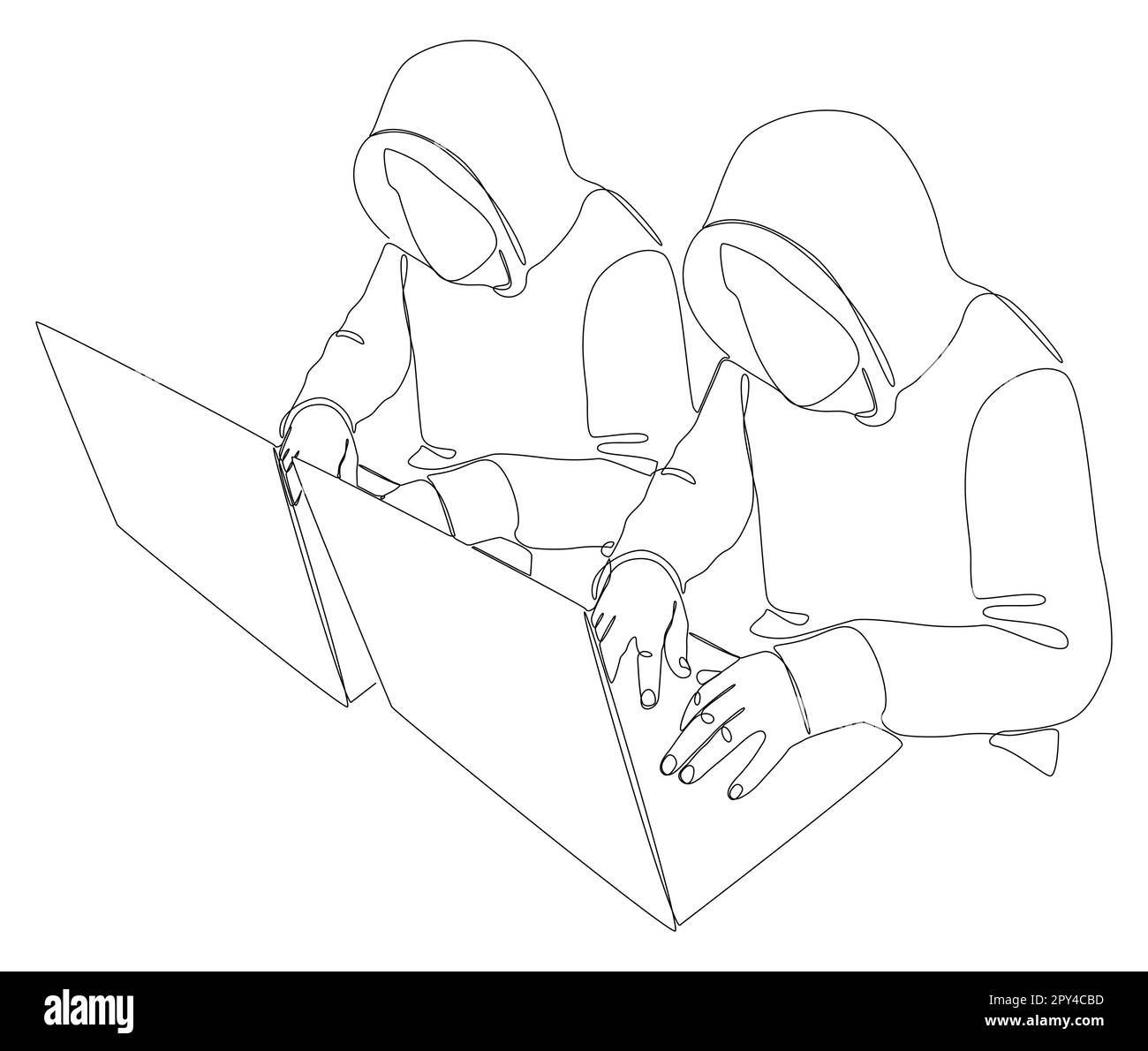 One continuous line of group of male people with laptop, workin as a ...