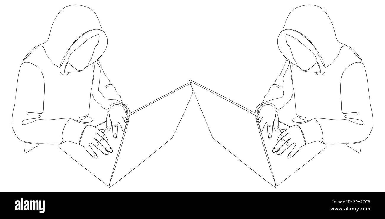 One continuous line of group of male people with laptop, workin as a ...