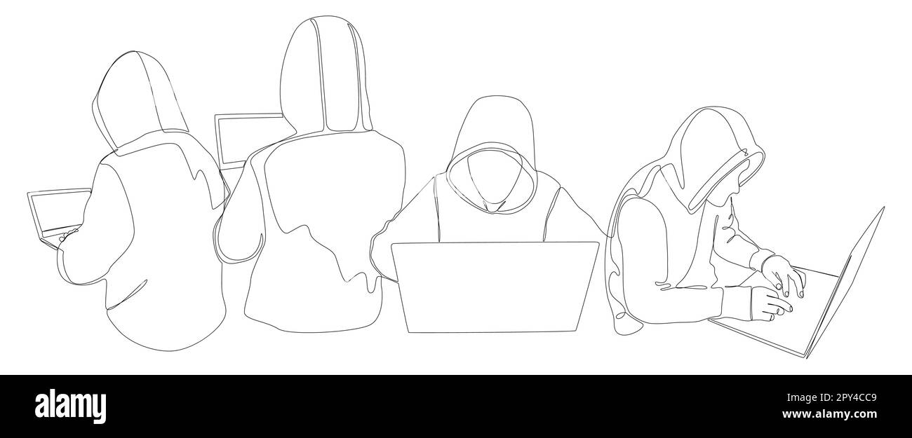 One continuous line of group of male people with laptop, workin as a ...