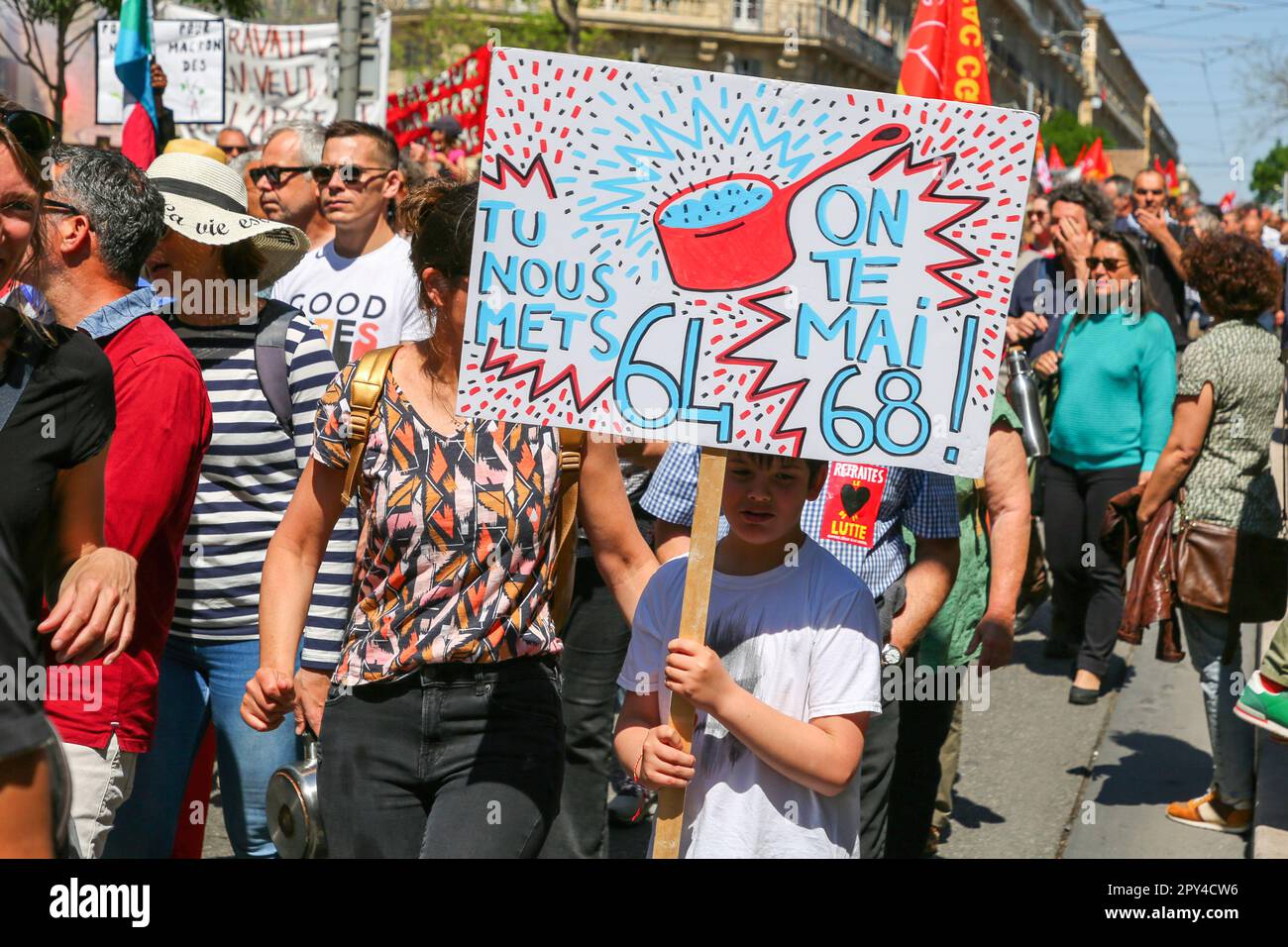 Marseille, France. 01st May, 2023. A young protester holds a placard ...
