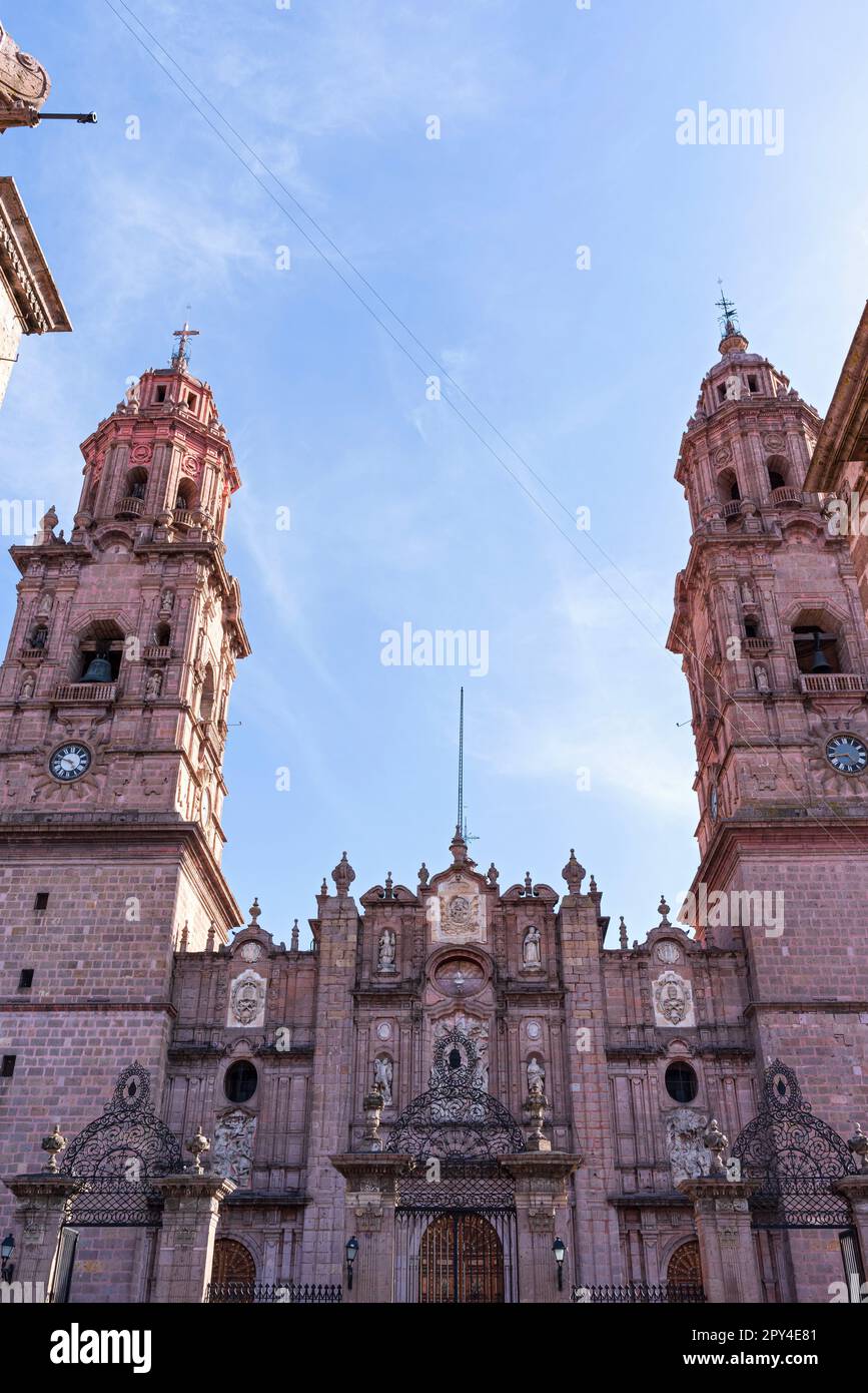 morelia cathedral front entrance and twin bell towers of baroque ...