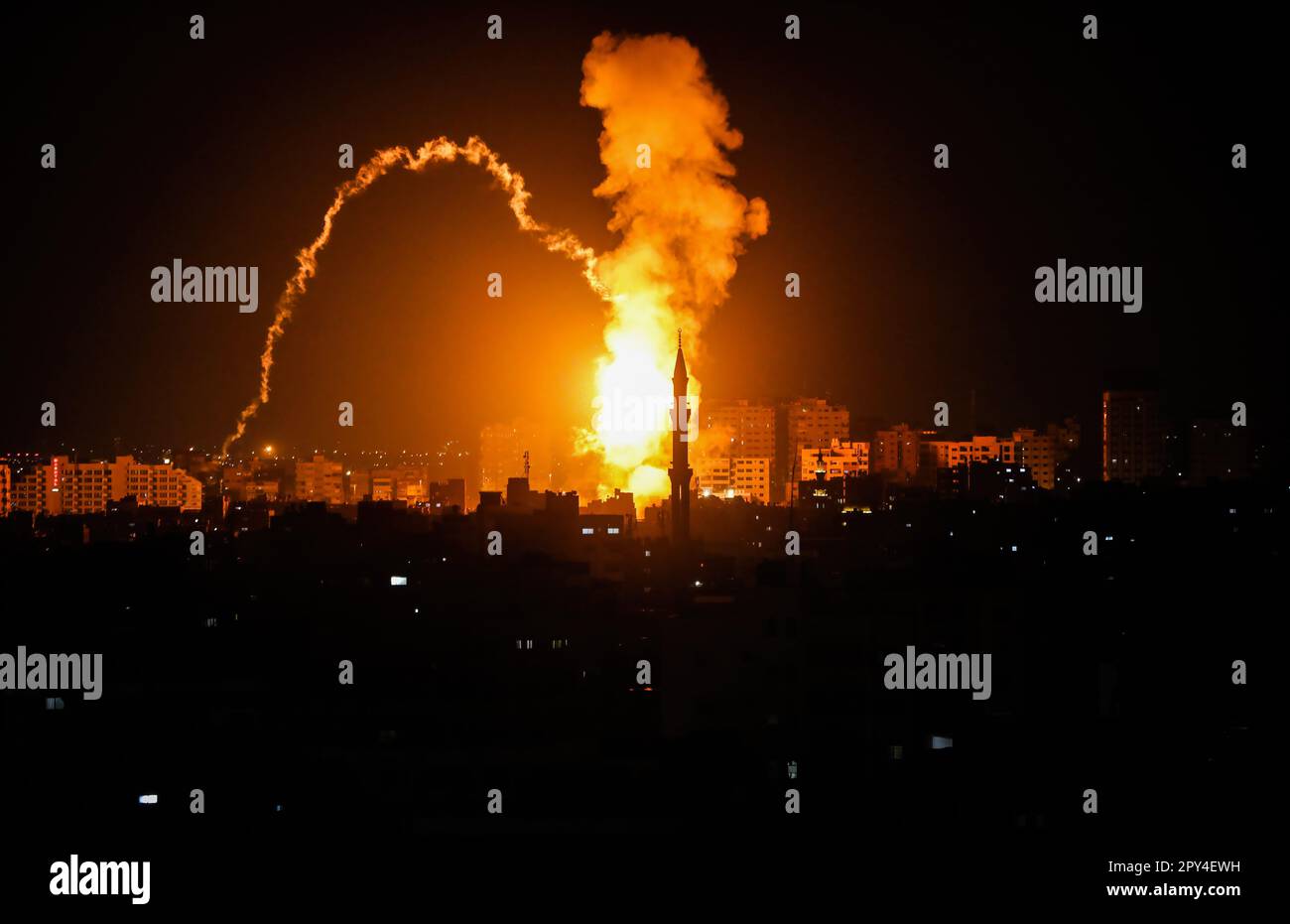 Gaza, Palestine. 02nd May, 2023. Smoke rises above the buildings in the ...
