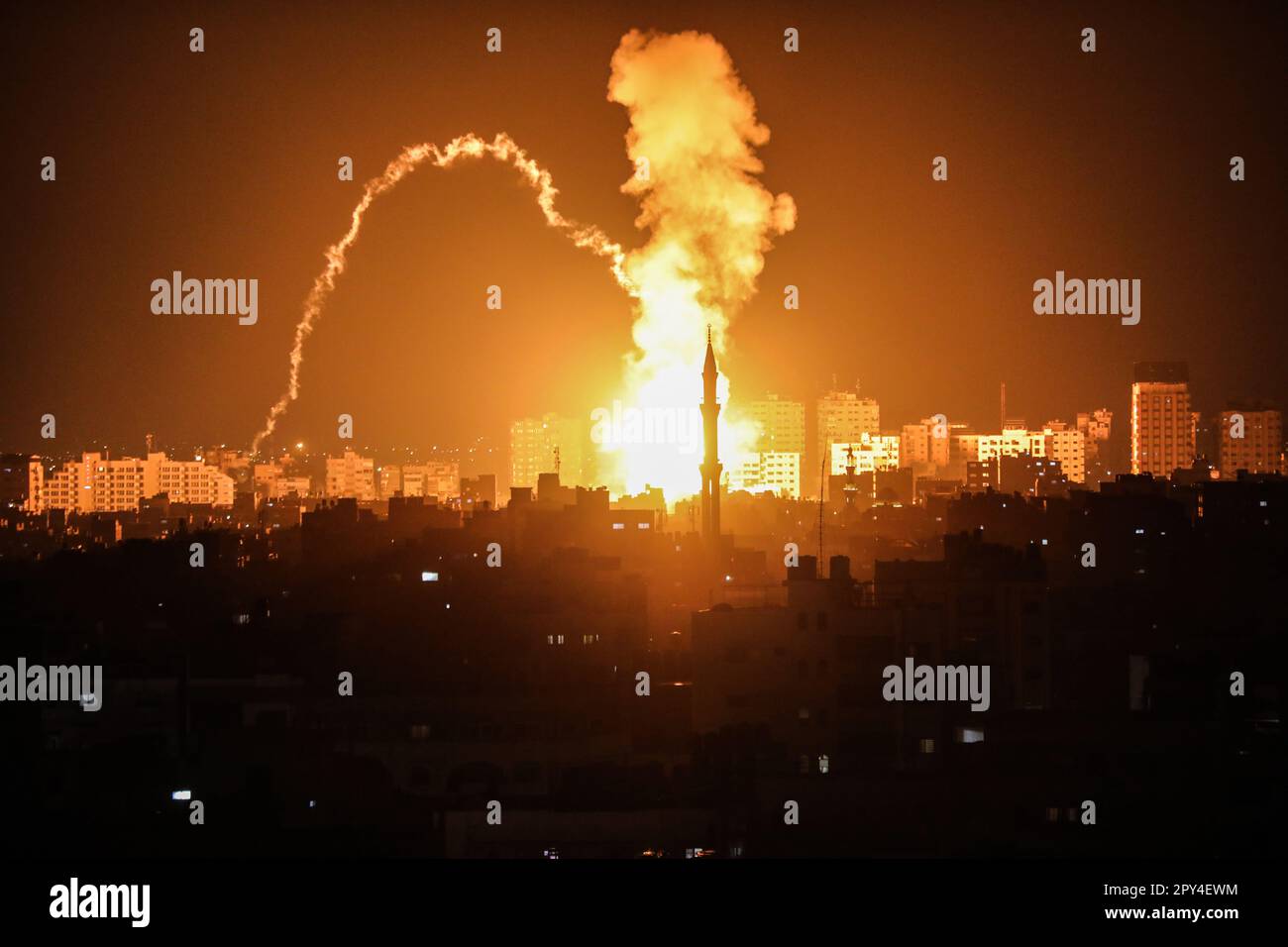 Gaza, Palestine. 02nd May, 2023. Smoke rises above the buildings in the ...