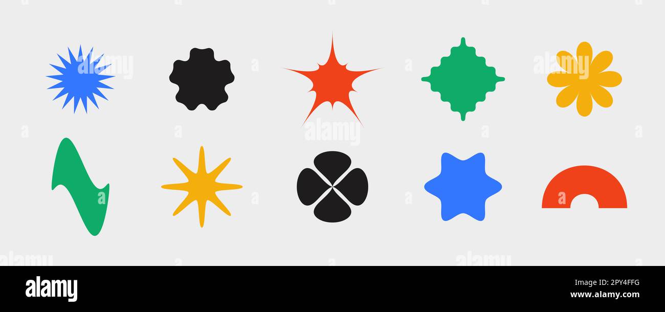 Primitive geometric shapes collection. Abstract stars, flowers, wave ...