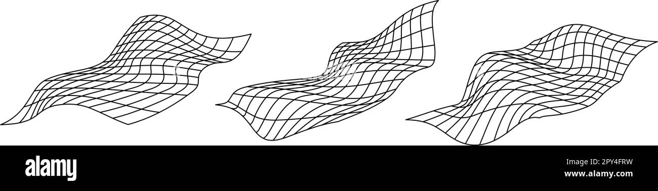 Distorted perspective grid pack. Glitch rectangle plane set. Wavy ...