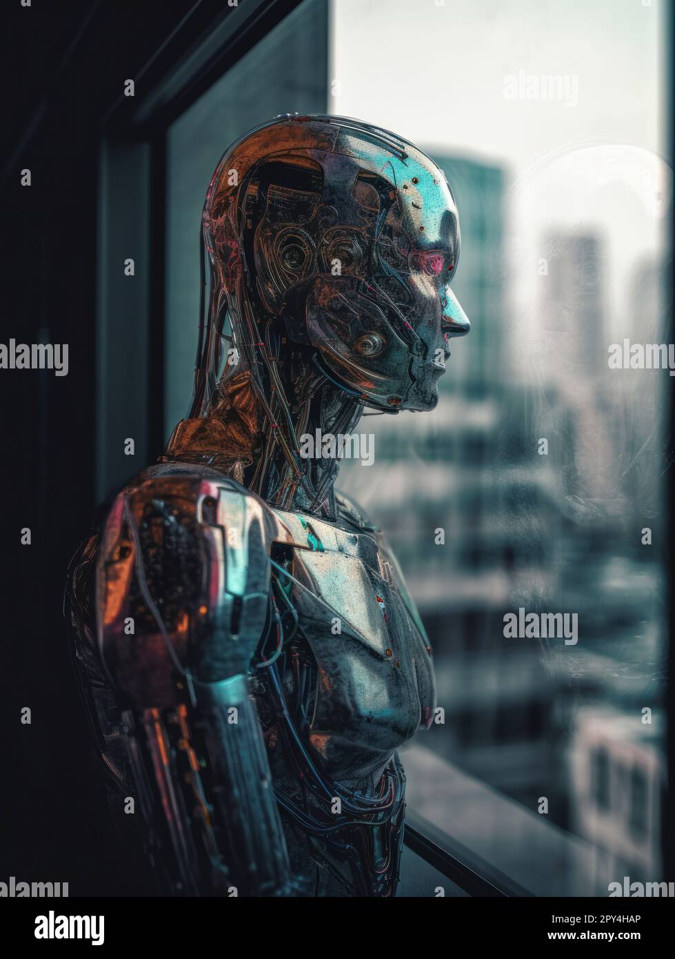 Artificial intelligence, robot stands in front of the window and looks ...