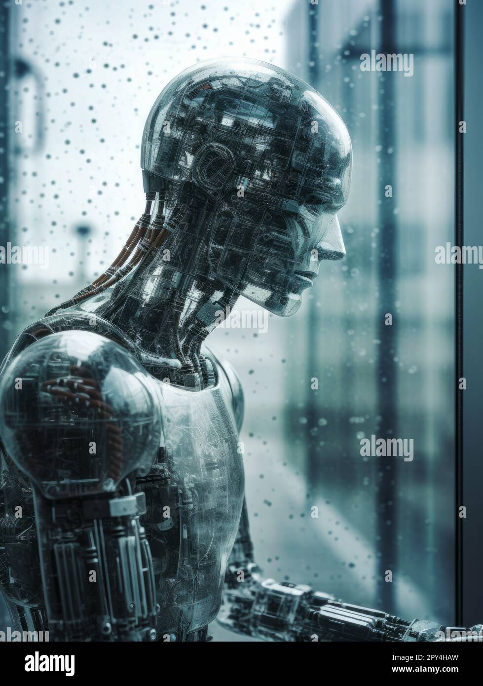 Artificial intelligence, robot stands in front of the window and looks ...