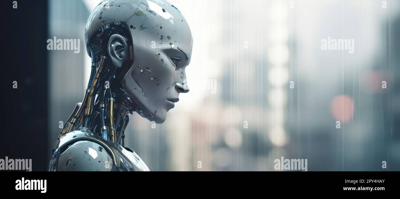 Artificial intelligence, robot stands in front of the window and looks ...