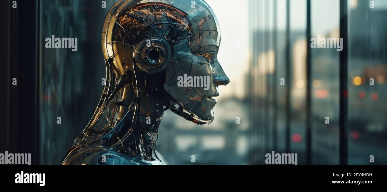 Artificial intelligence, robot stands in front of the window and looks ...