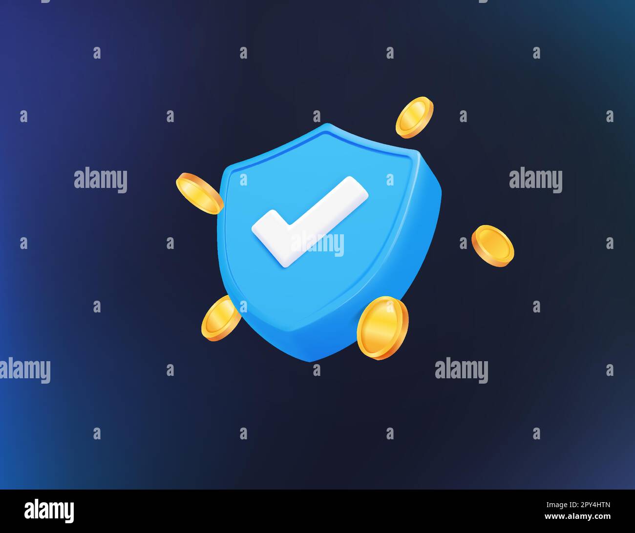 3d checkmark on a shield with coins flying around, isolated on ...