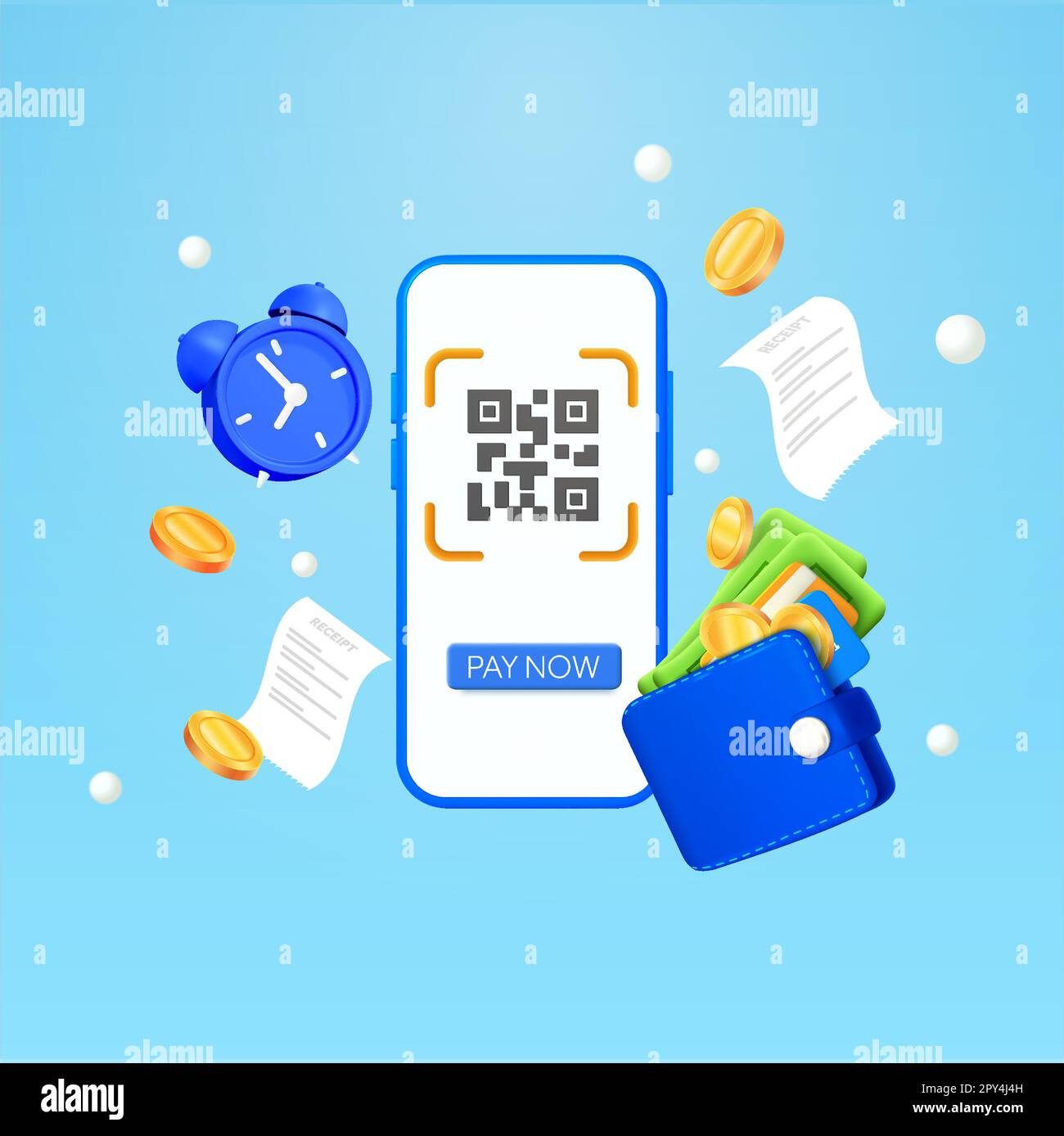 3d phone with qr code screen, pay now button, alarm, coins and receipts flying around, digital ...