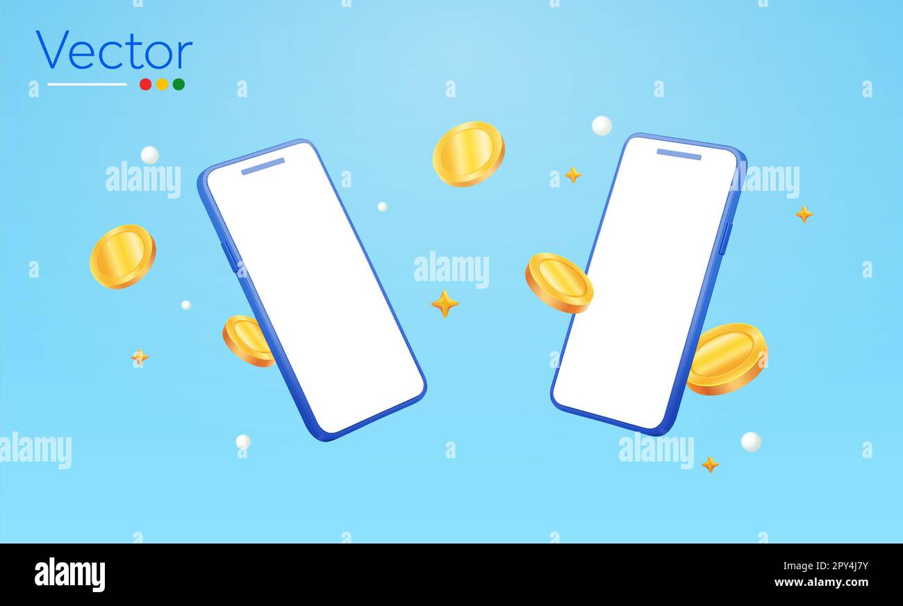 3d mobile phones with coins flying around, isolated on background ...