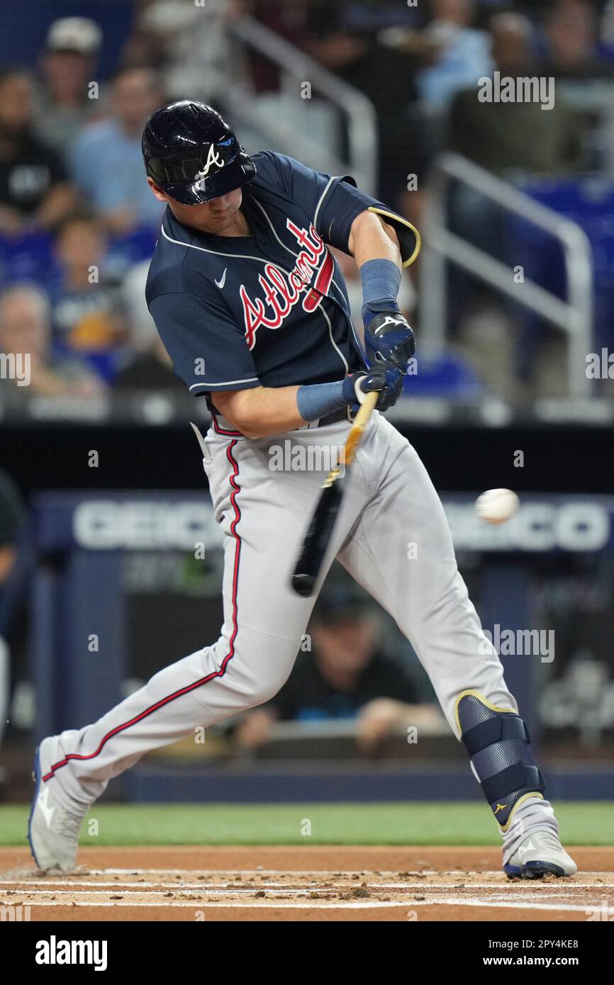 MIAMI, FL - May 2: Atlanta Braves catcher Sean Murphy (12) makes contact at the plate during the ...