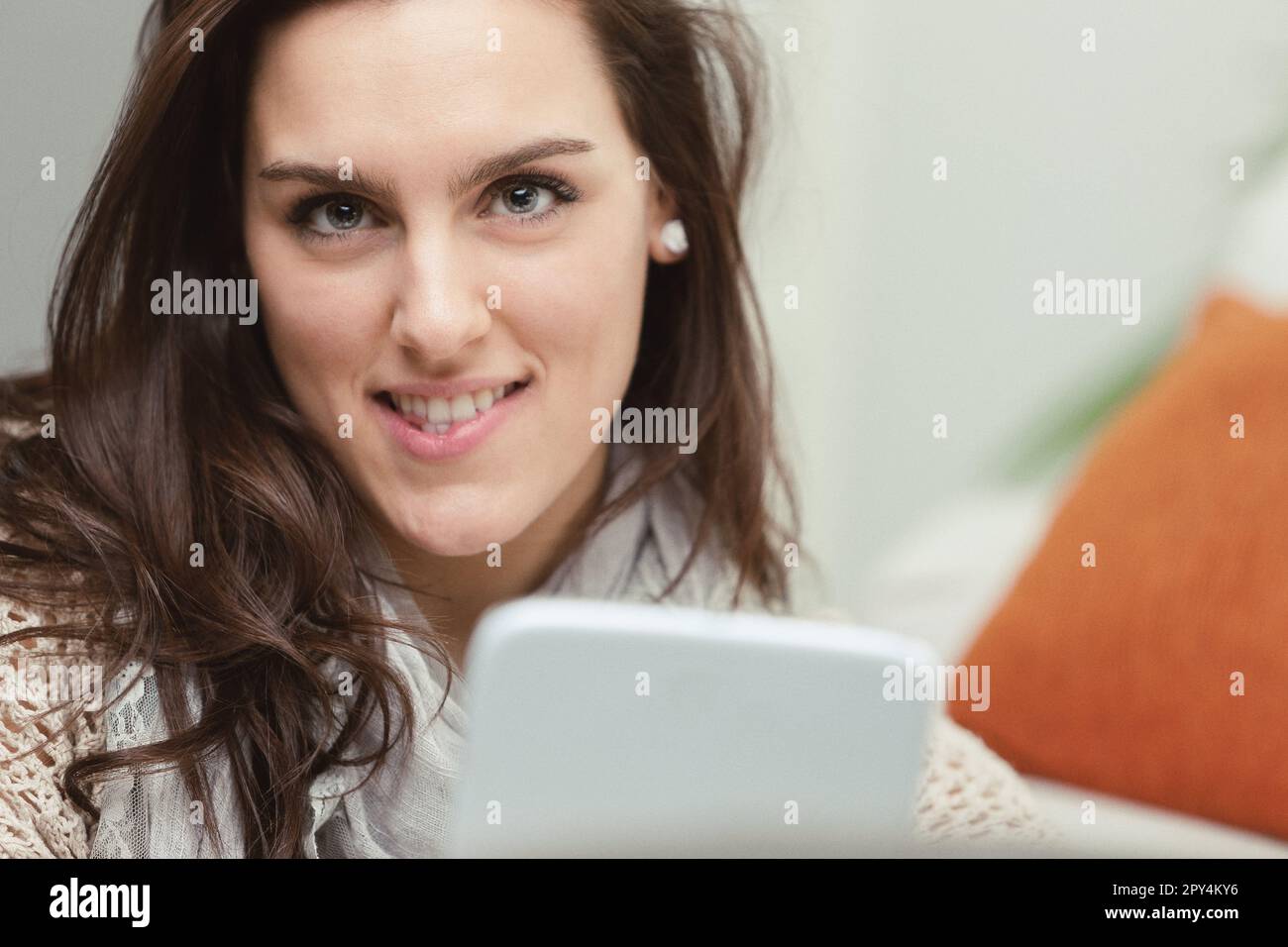 Portrait of a young woman with beautiful eyes that convey intelligence ...