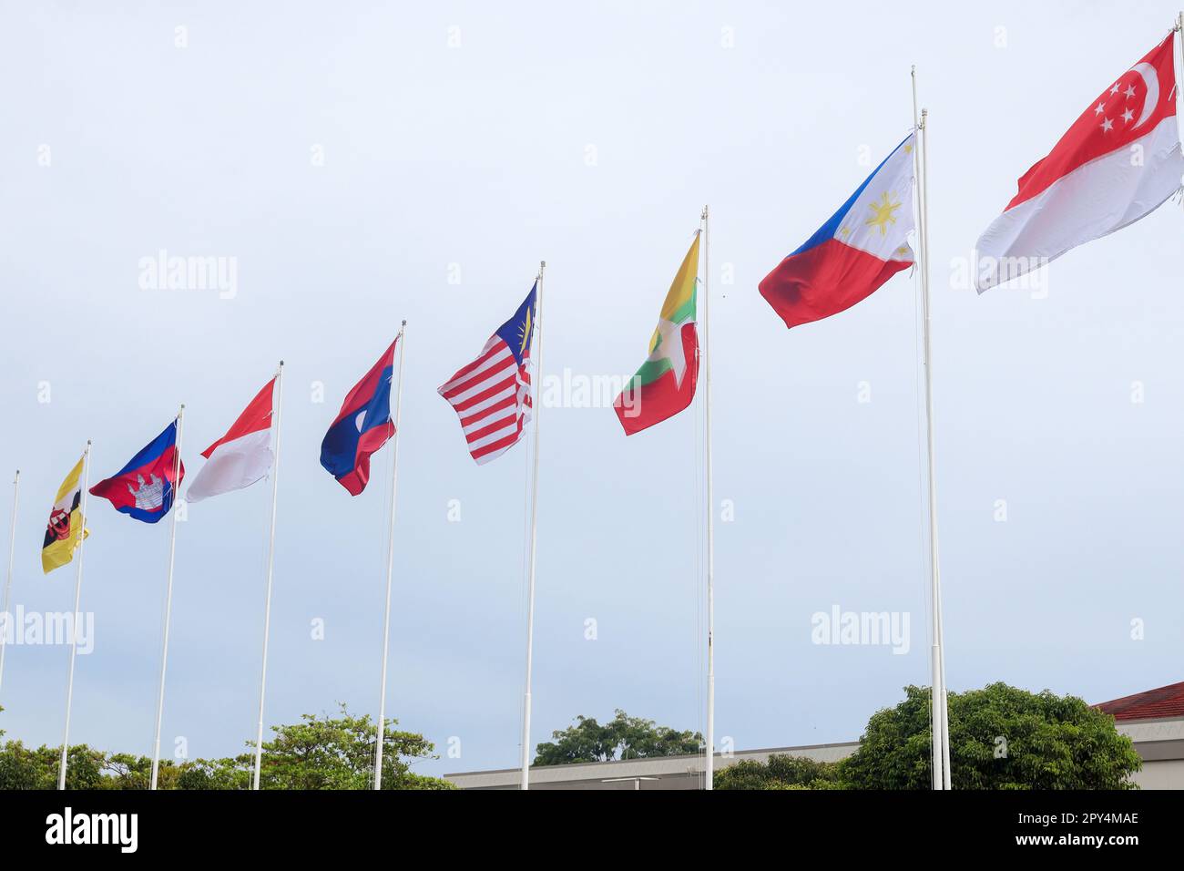 The flags of Association of Southeast Asian Nations the clear blue sky ...