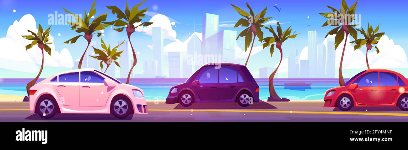 Car drive on road near sea with skyscrapper view vector background ...