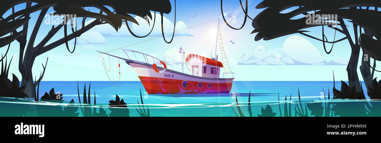 Cartoon jungle pond water with fishing boat vector illustration. Fish ...