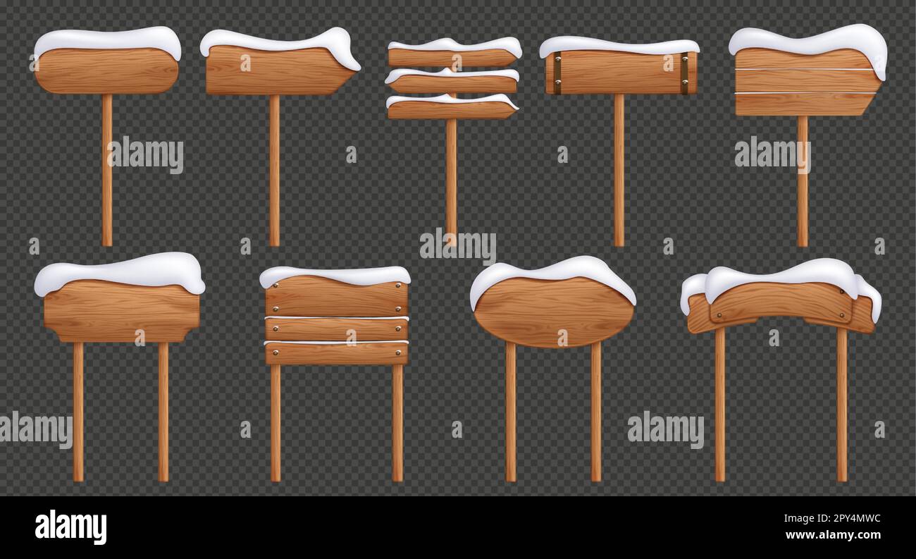 Realistic set of wooden signboards covered with snow. Vector ...