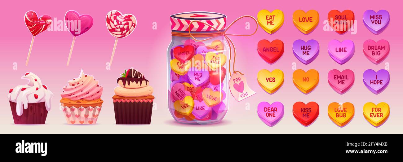 Colorful conversation candies, caramel lollipops and muffins isolated ...