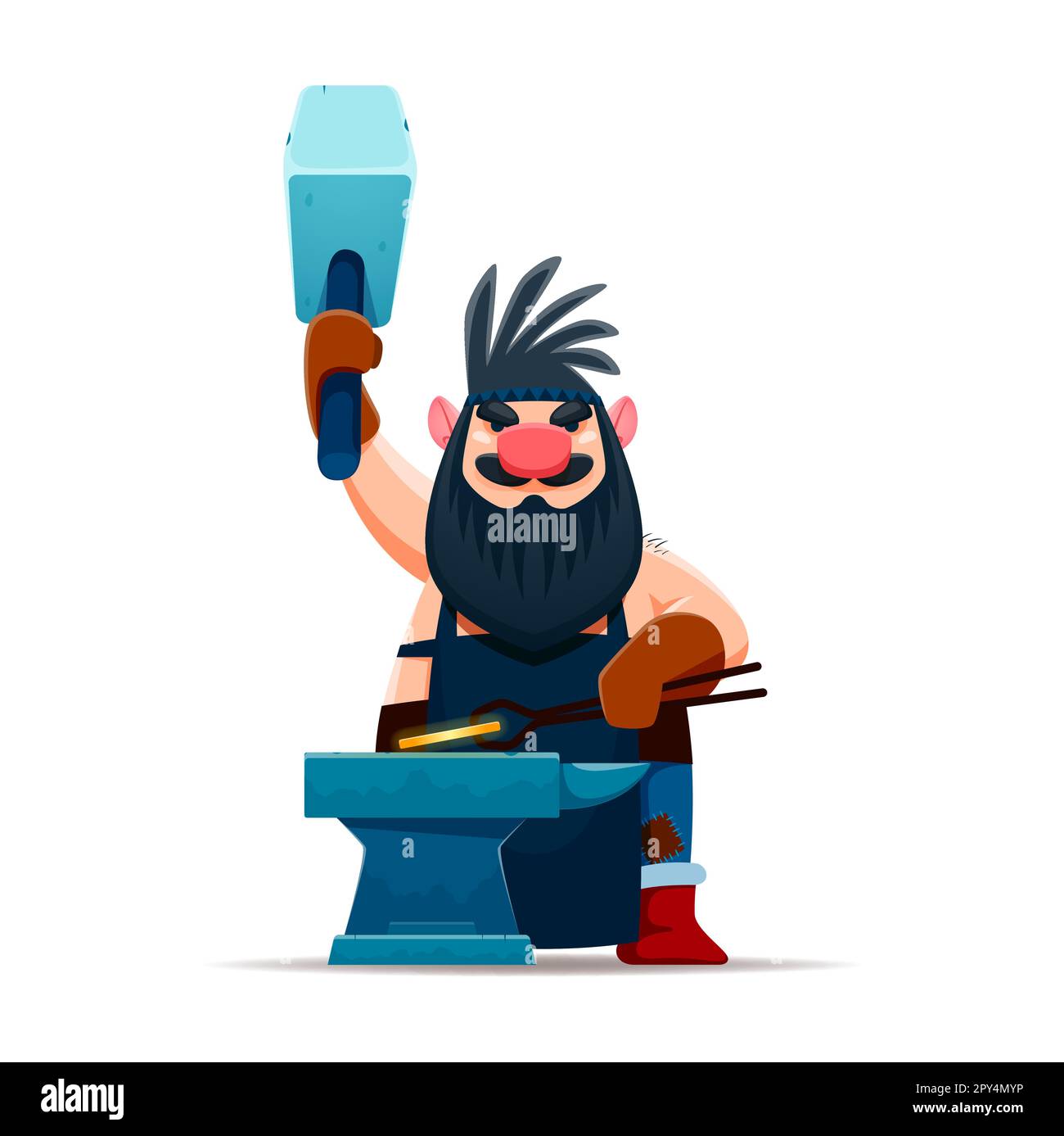 Cartoon Gnome Dwarf Blacksmith Character With Hammer At Forge Vector