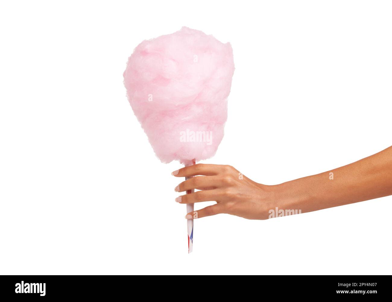 Closeup, woman and hand with cotton candy, dessert and sweets isolated ...