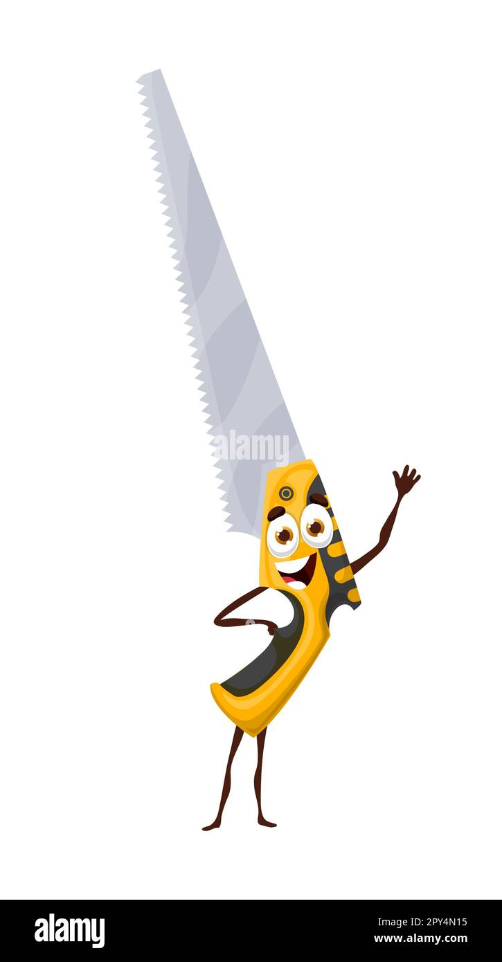 Cartoon narrow saw tool character, carpentry works equipment and ...
