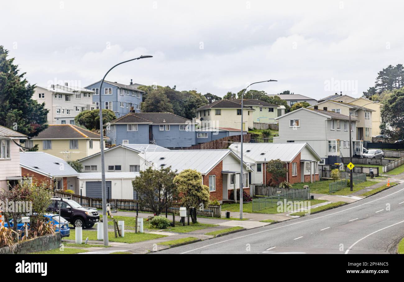 Porirua, Wellington, New Zealand - April 20, 2023: A section of housing ... Porirua, Wellington, New Zealand - April 20, 2023: A section of housing ...