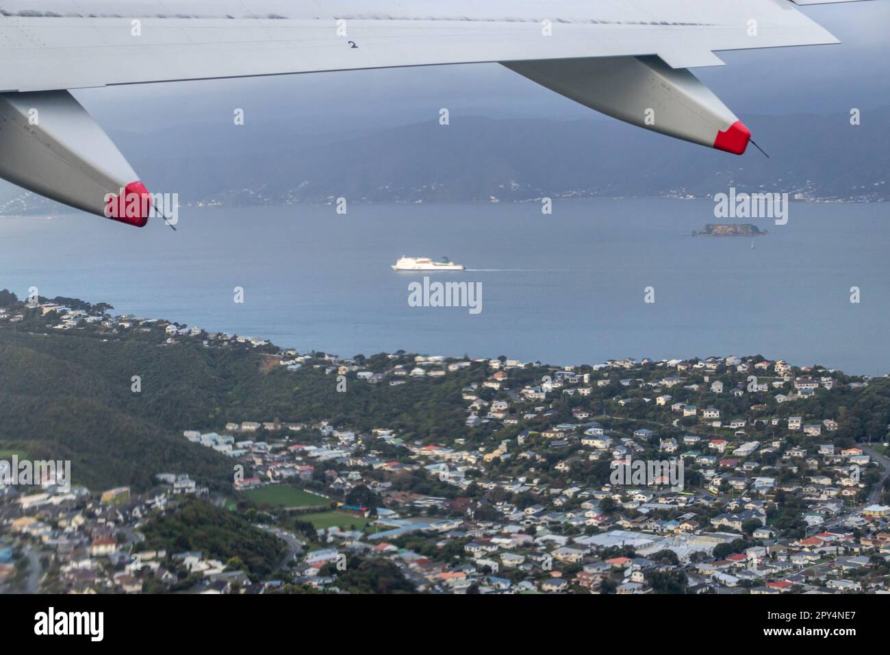An aerial view of Wellington City and Harbour viewed from an aircraft ...