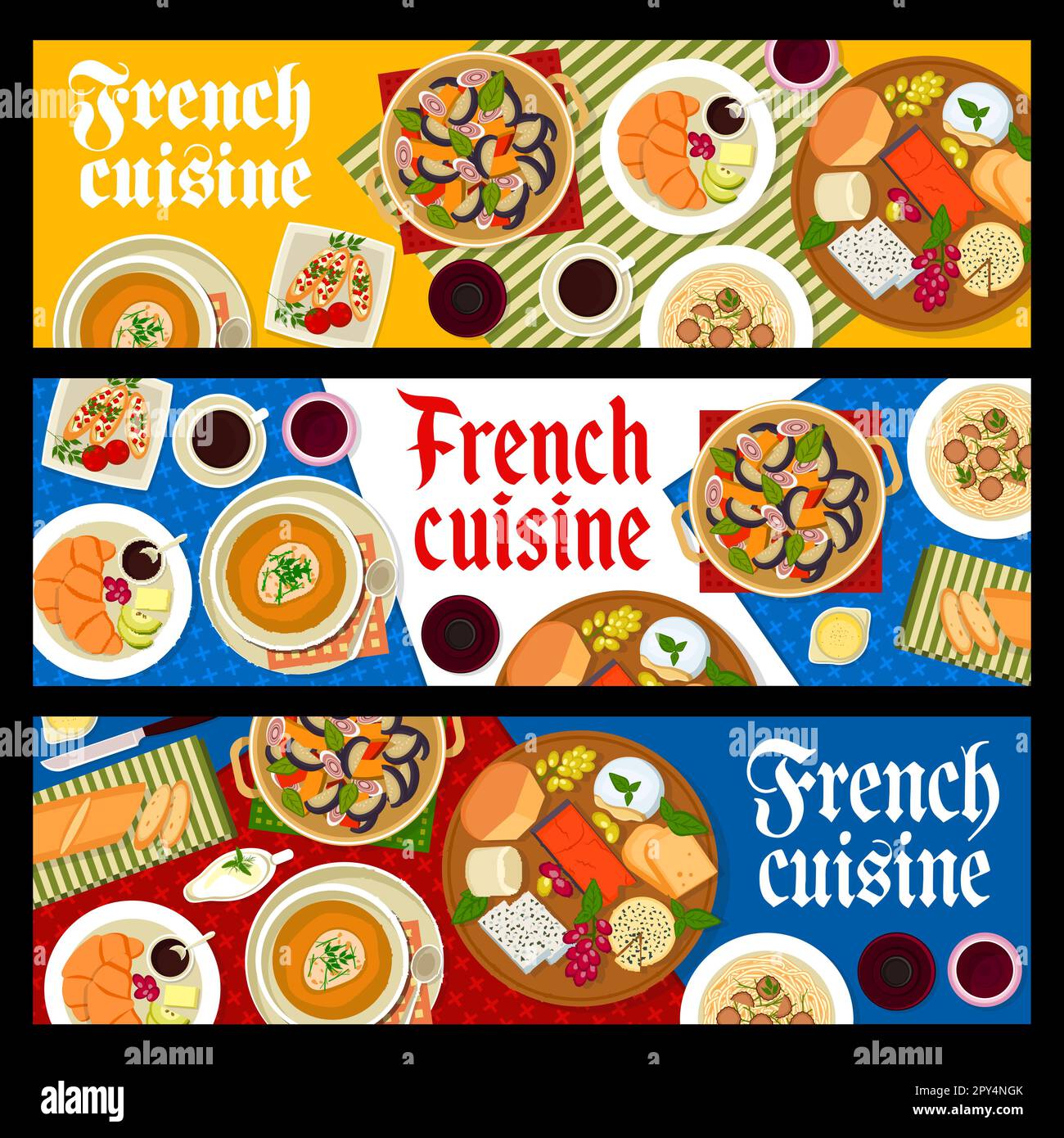 French cuisine vector banners with bread and cheese food, vegetable ...