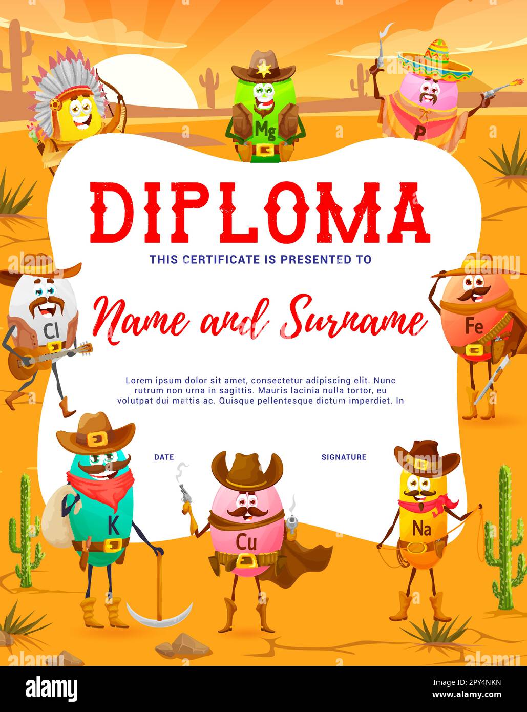 Kids diploma. Cartoon vector micronutrient and vitamin cowboy, ranger ...