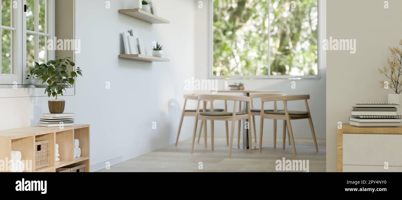 Interior design of minimal Scandinavian white living room with dining ...