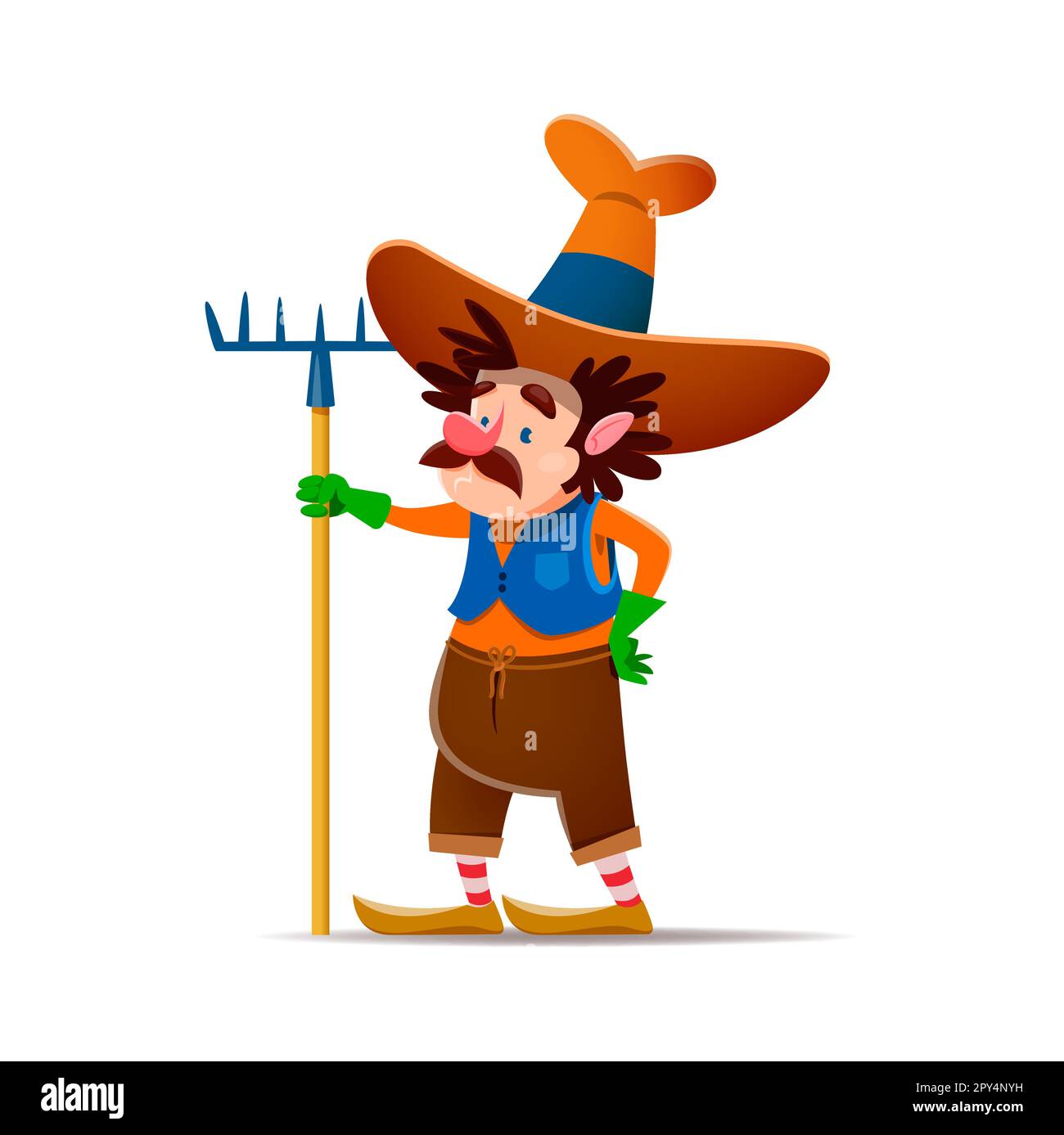 Cartoon gnome or dwarf farmer character with rake. Fairytale midget ...
