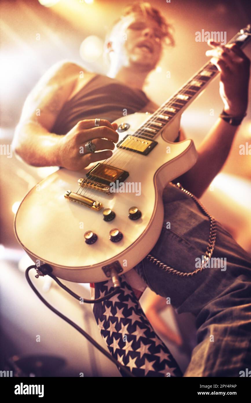 Guitar, man and stage for rock concert, performance and singing at ...