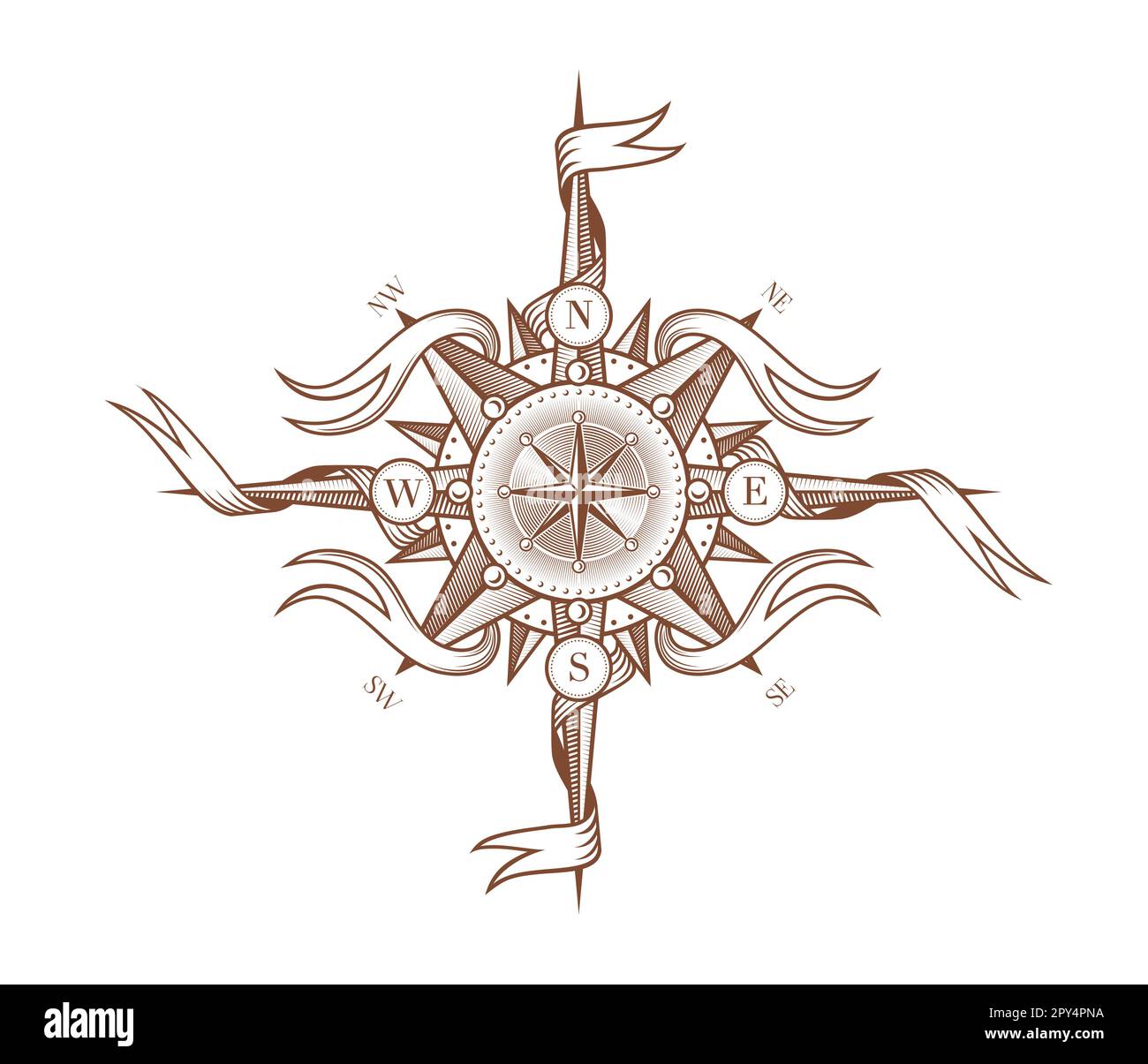 Vintage wind rose, Medieval compass with ribbons, sailing or pirate map ...