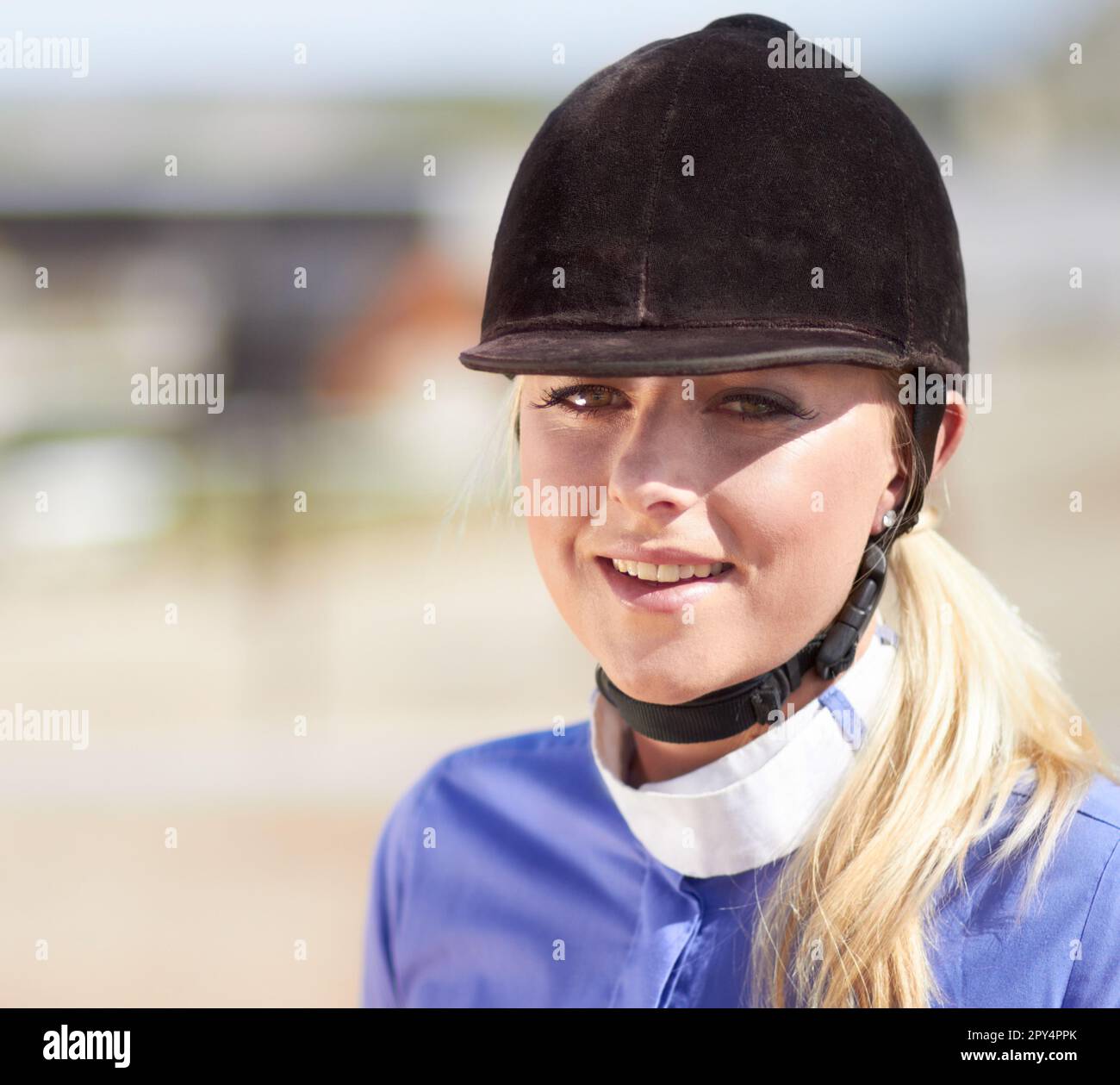Woman smile, horse jockey and portrait of a young athlete on equestrian ...