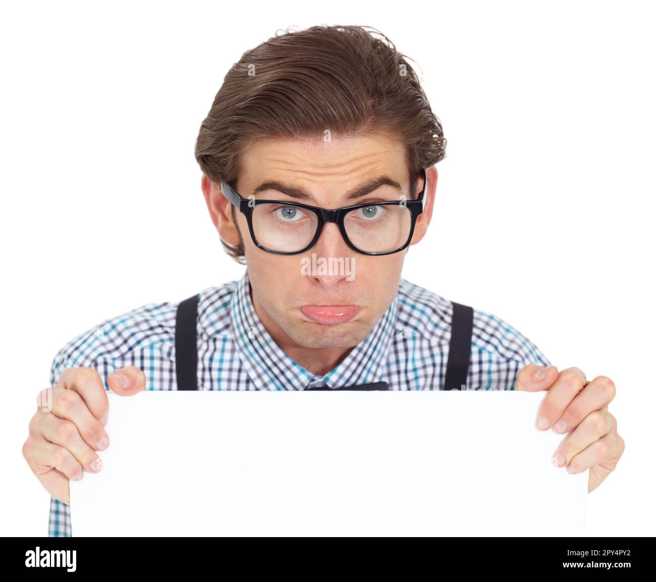 Sad, portrait and man with poster for mockup in studio isolated on a ...